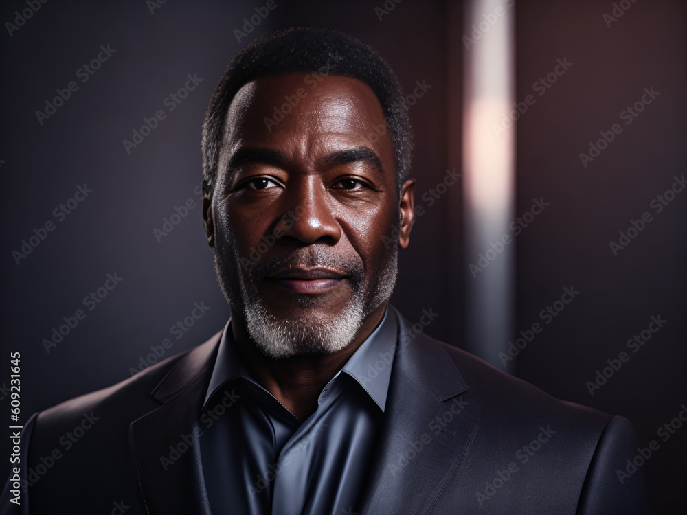 Middle-aged black man in modern office, successful in business suit ...