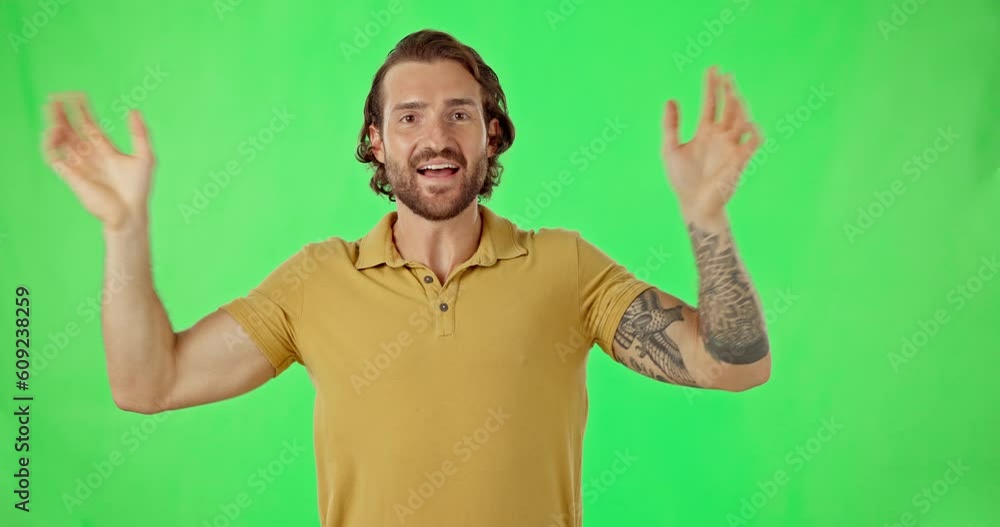Shouting, getting attention and a man on a green screen isolated on a ...