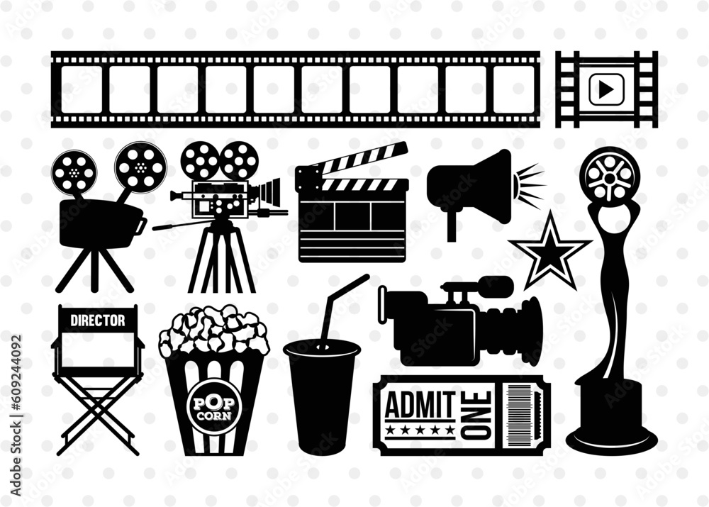 Movie Theme Silhouette, Movie Theme SVG, Popcorn Svg, Movie Ticket Svg ...