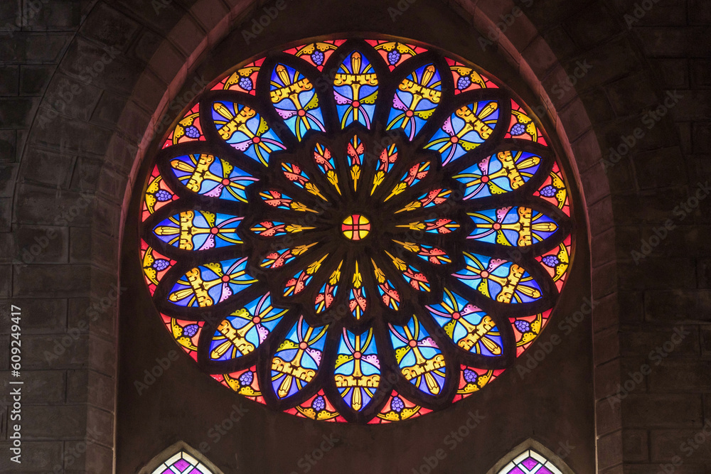 Stained glass windows of a French colonial church in Nha Trang, Vietnam ...