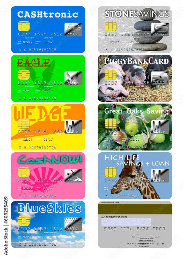 10 full-size credit card images, 9 fronts, 1 back; all dummies, for use ...