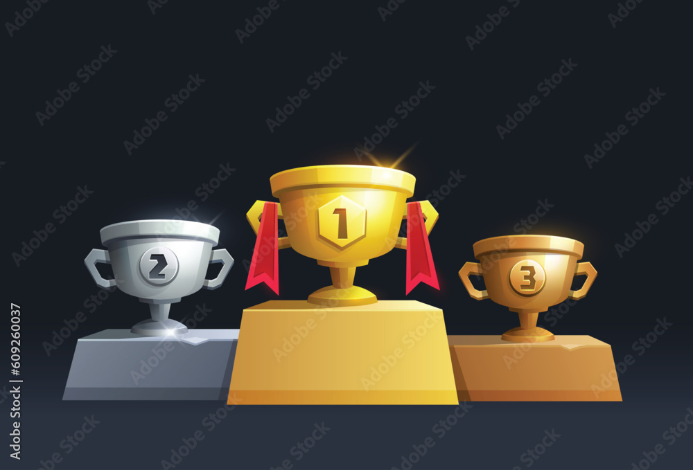 Winner podium with cup for the first, second and third place. Gold ...