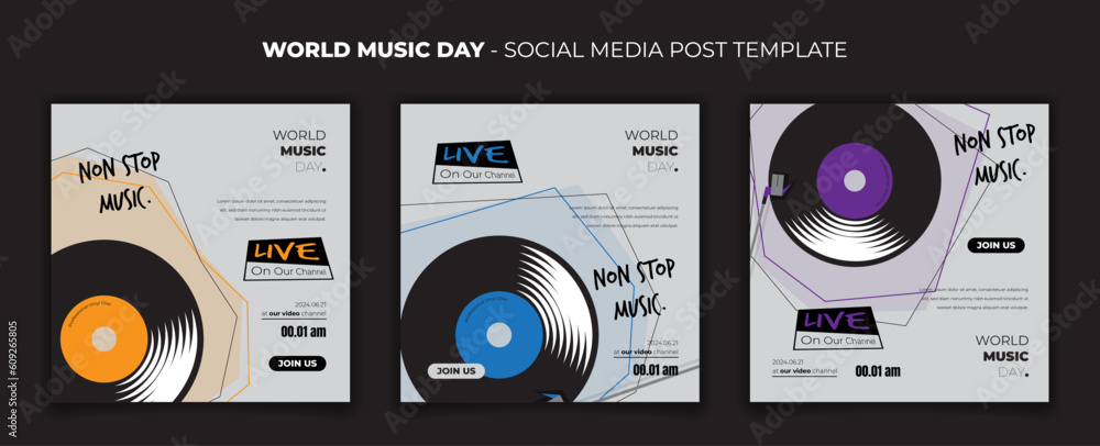 World music day in Social media post template design with flat vinyl ...