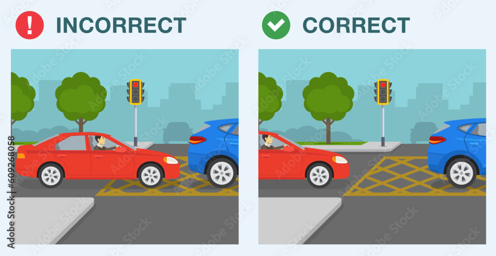 Safe car driving tips and traffic regulation rules. Yellow box junction ...
