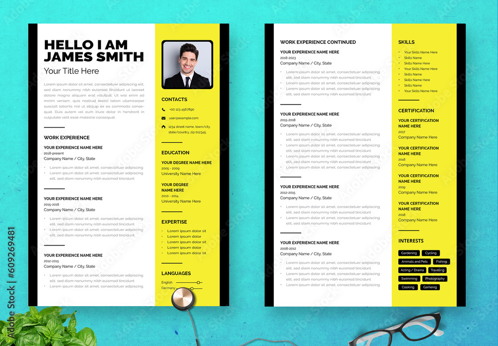 Yellow and Black Resume Layout Stock Template | Adobe Stock
