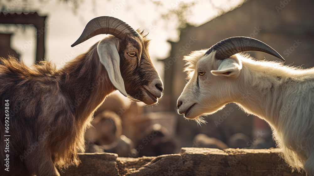 Two young goats fighting with their heads at an animal farm Two young ...