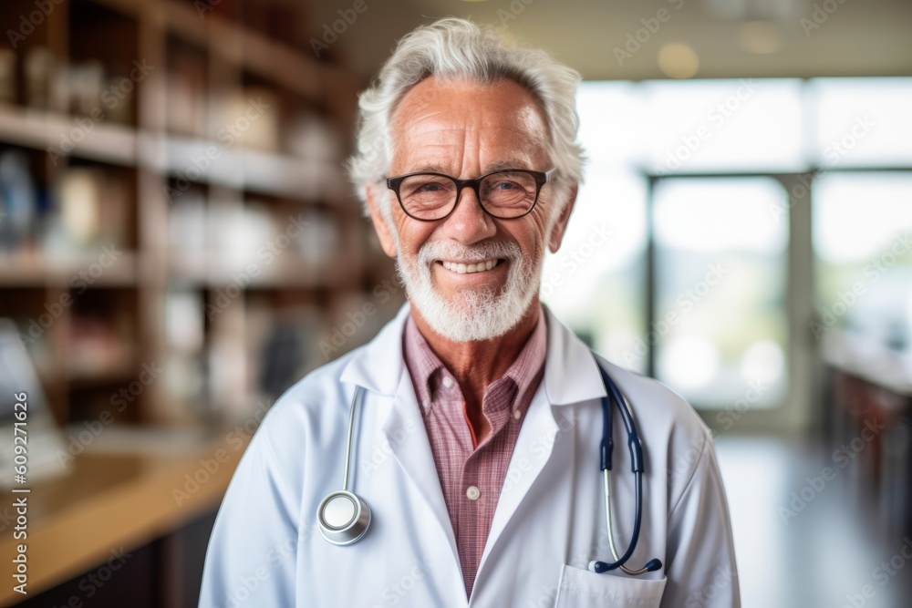 man in his 80s that is wearing a doctor's white coat against a ...
