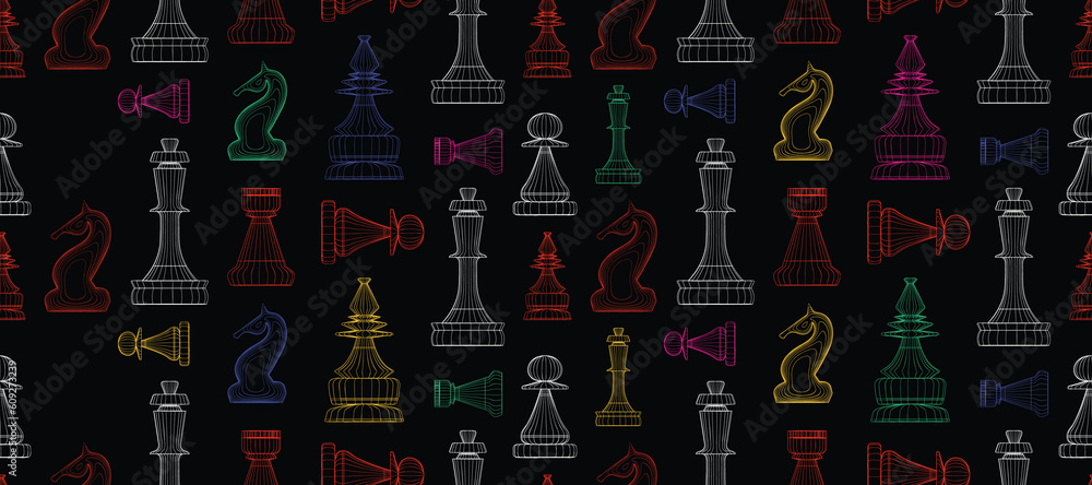 Seamless Pattern with Chess Pieces on Black background in Abstract & 3D ...