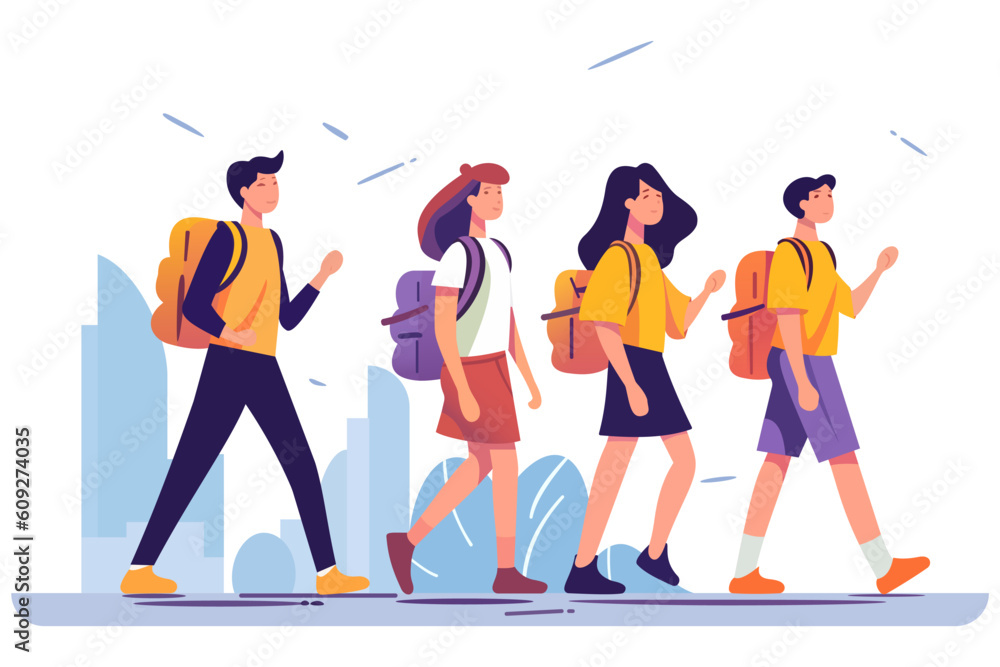 High school students with backpacks go to school. Schoolchildren with ...