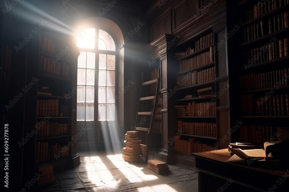 Room with a bookcases. Library with old books and light from big ...