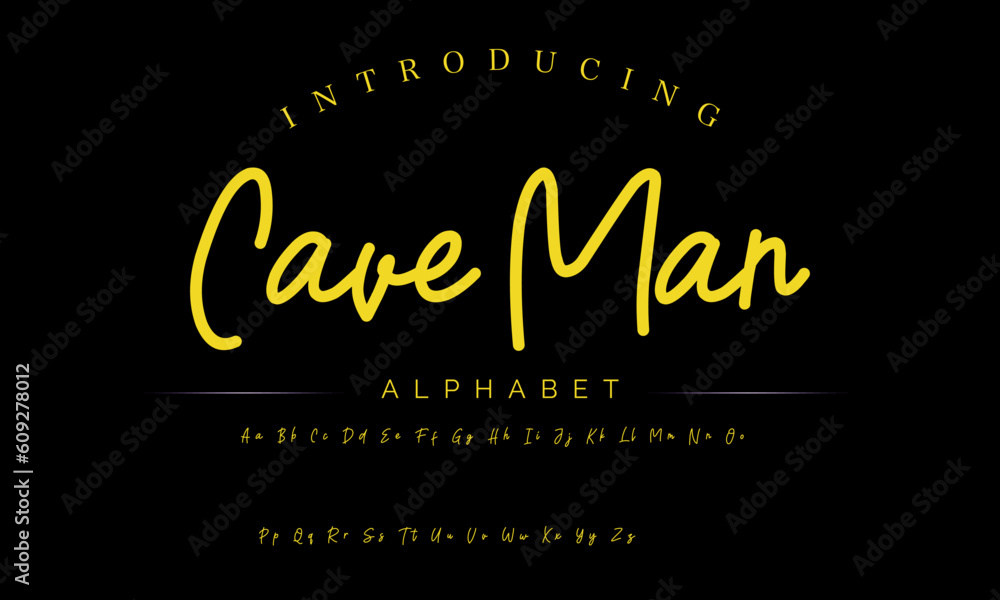 Cave Man Lettering signature font isolated on grey background. brus ...