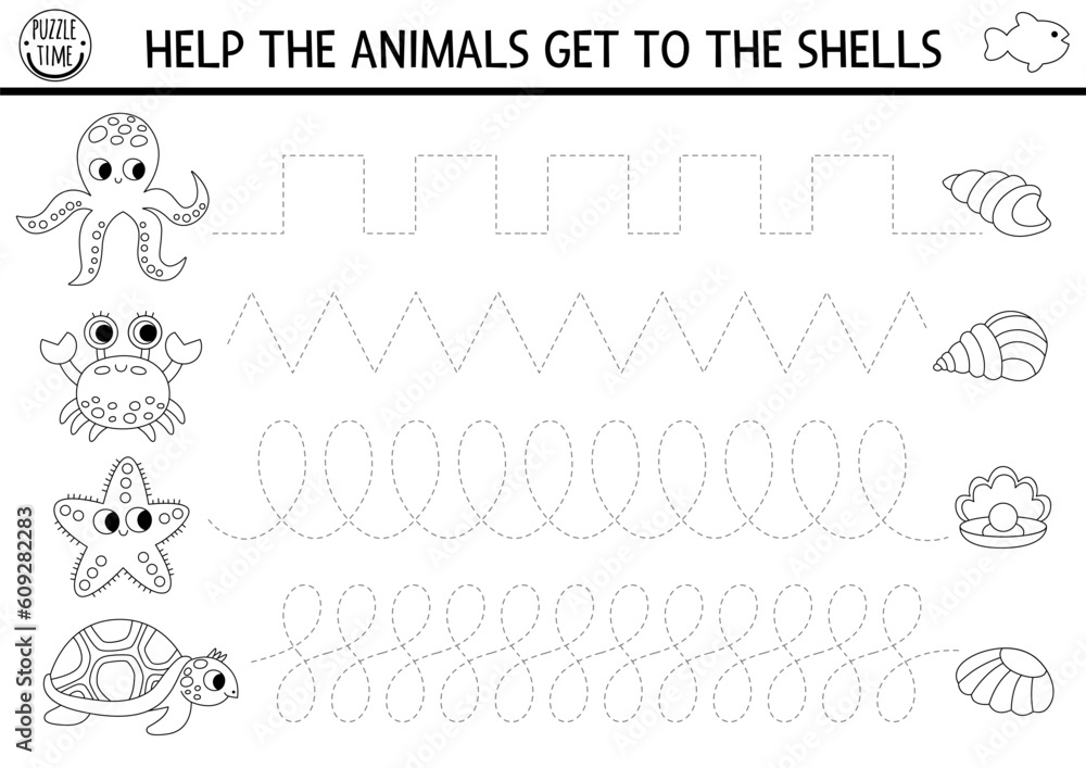 Vector under the sea handwriting practice worksheet. Ocean life ...