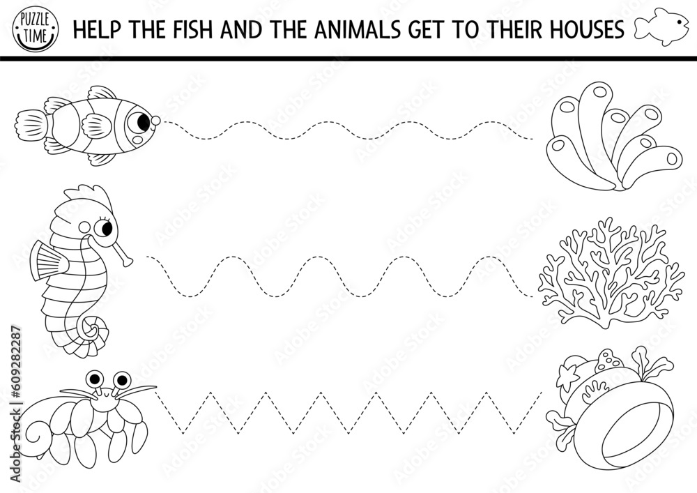 Vector under the sea handwriting practice worksheet. Ocean life ...
