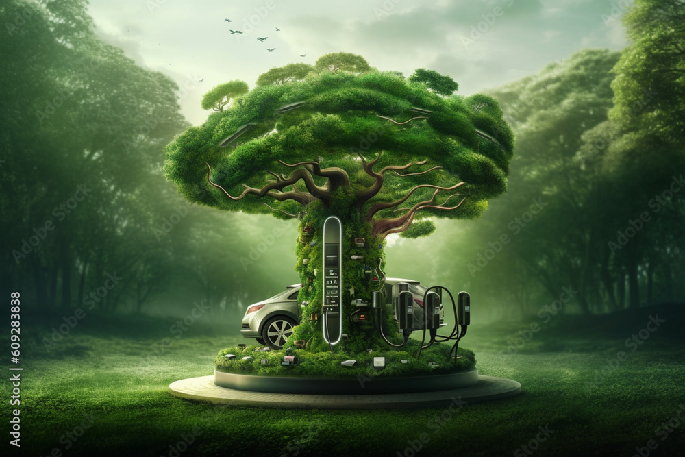 A creative digital artwork depicting a charging station in the shape of ...