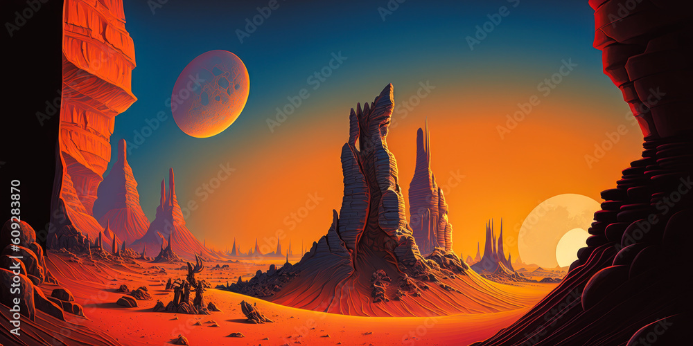 Stunning surrealist desert scene, featuring towering sand dunes and ...
