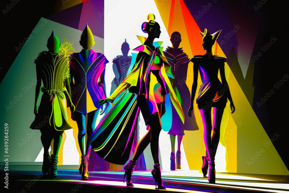 Captivating fashion runway scene, models showcasing avant-garde outfits ...