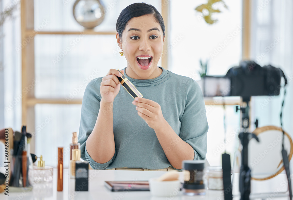 Makeup influencer, beauty and excited woman streaming tutorial for ...