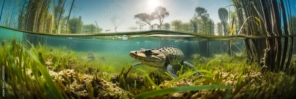 Captivating underwater panorama featuring a crocodile swimming amidst ...