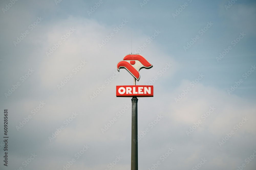 08.04.2023 Poland, Europe. Logo of the Polish oil company "Orlen" on ...