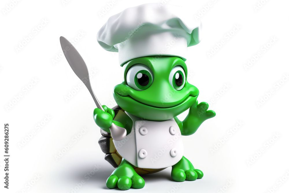Charming mascot of a green turtle chef, complete with a shell, wearing ...