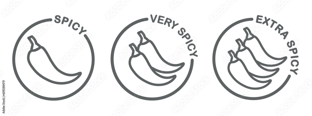 Spicy, very spicy and extra spicy icon set, simple labels for hot food ...