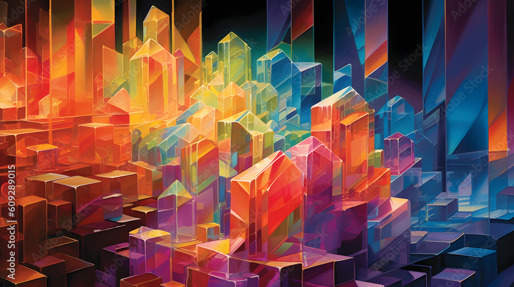 Intersecting prisms refracting light into a dazzling display of colors ...