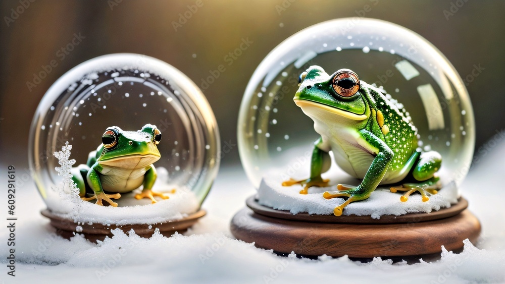 a frog sitting inside of a glass ball in the snow, snow globe, inside a ...