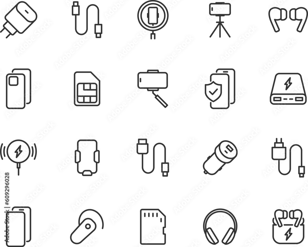 Vector set of mobile accessories line icons. Contains icons charging ...
