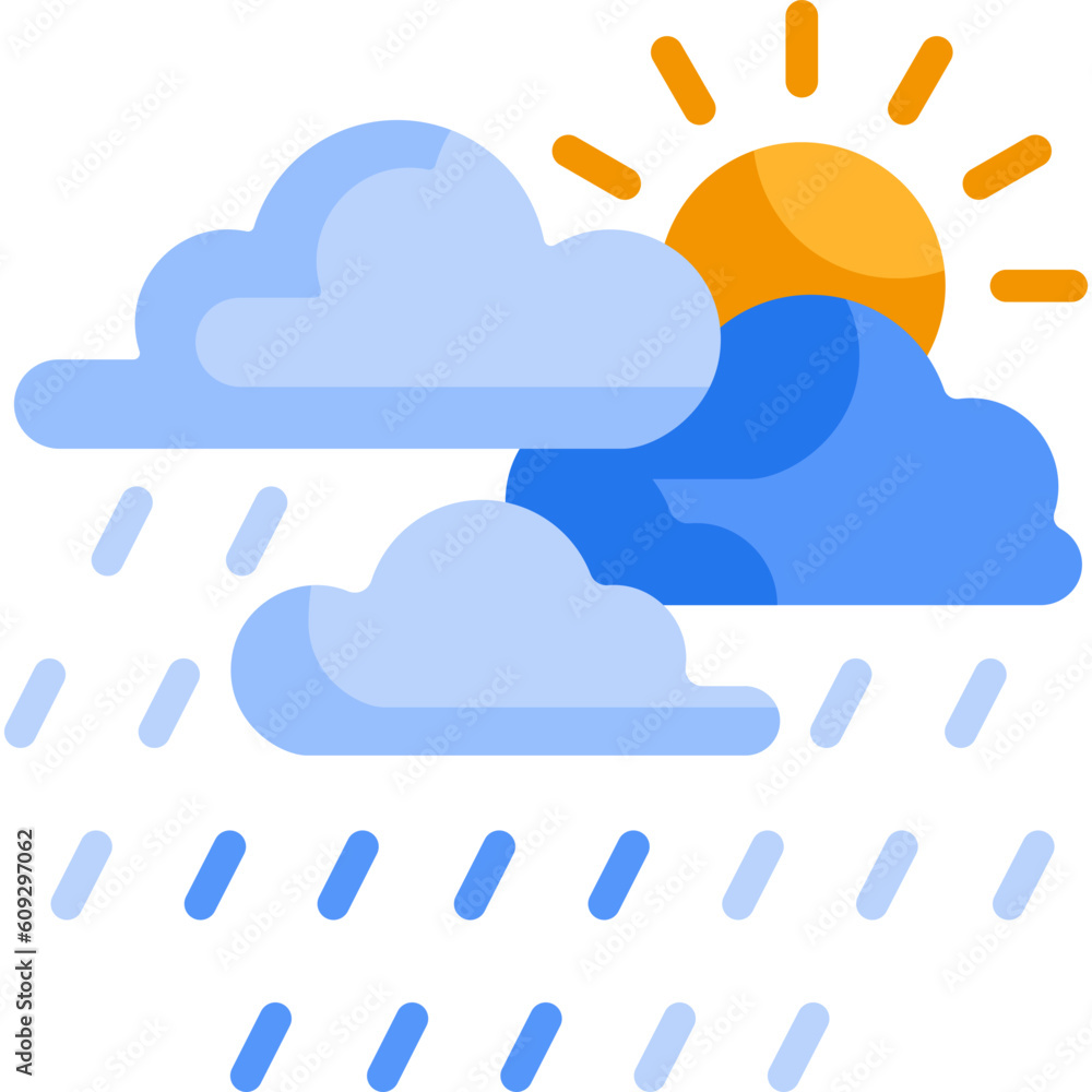Flat vector icon illustration of sunshower. Sun, cloud, and rain. Weather and meteorogical ...