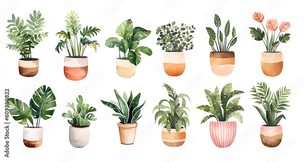Cute Watercolor House Plants Clip Art on Isolated Background Graphic ...