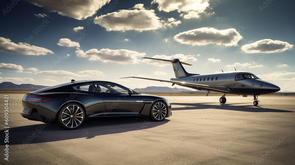 Supercar and private jet on a pristine landing strip. The sleek lines ...
