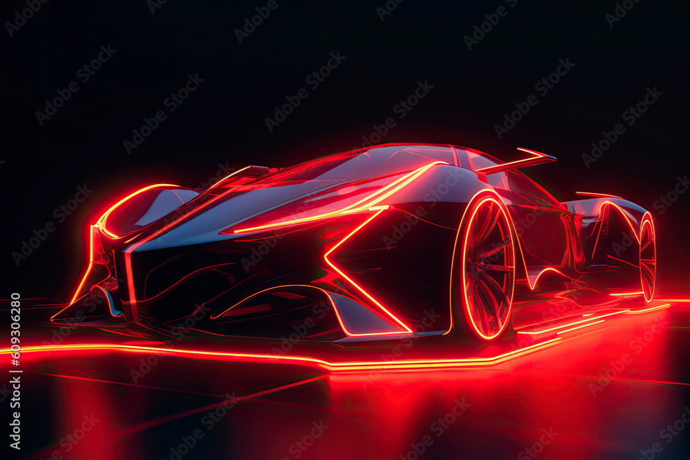 Red Sports Car On Neon Highway. Powerful acceleration of a supercar on ...