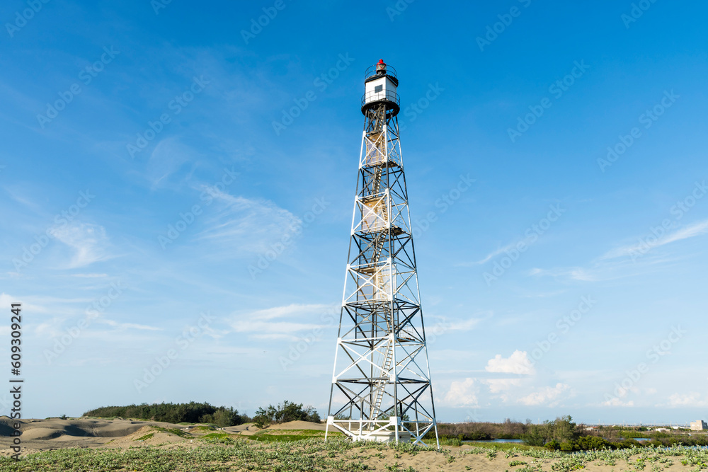 building view of the Guosheng Lighthouse in Qigu, Tainan, Taiwan. This ...
