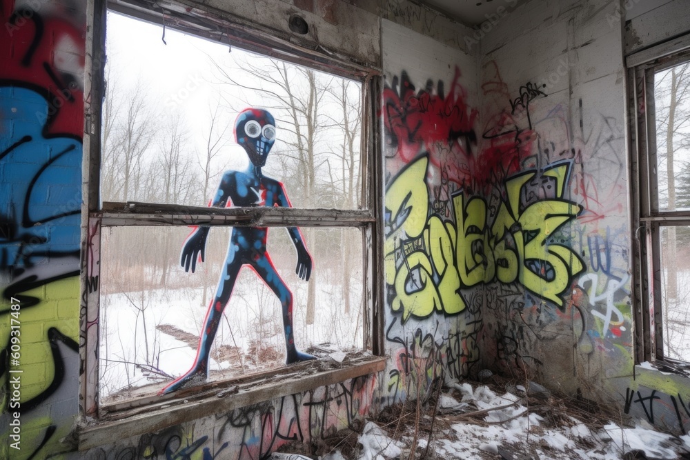 alien street artist painting on the wall of an abandoned building, with ...