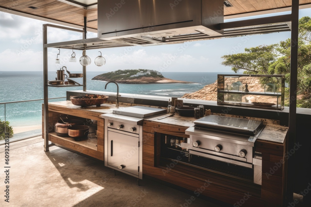 a custom-built cooking station with an open view of the sea, offering ...