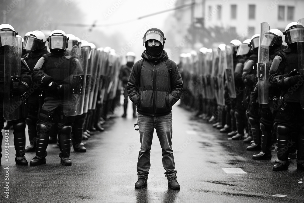Illustration of heavily protected riot police in the streets. Concepts ...