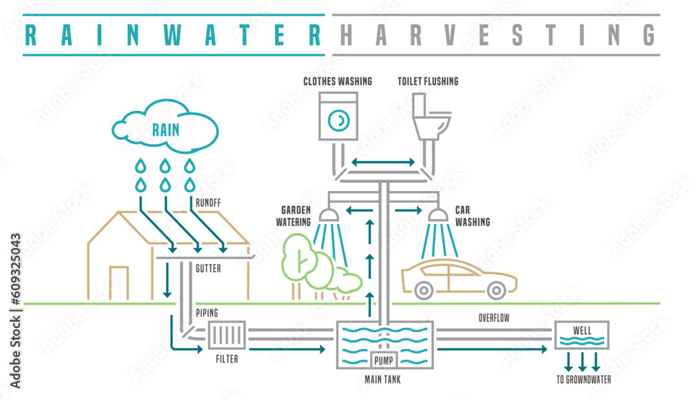 Rainwater harvesting scheme. Editable isolated vector illustration ...