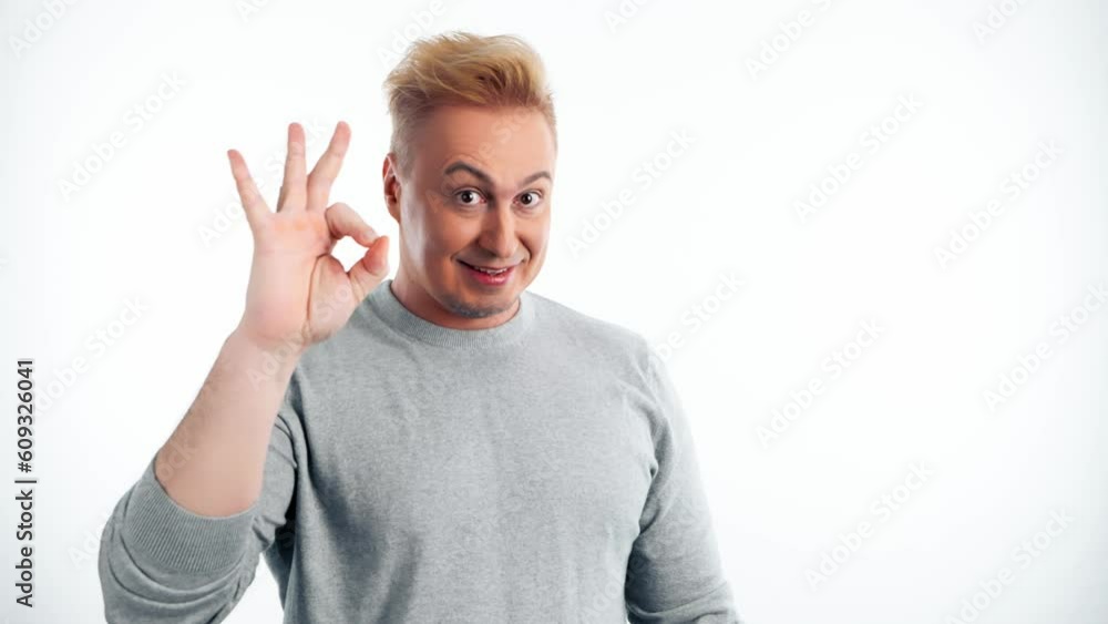 Man, ok hand, wink and smile excited emotion, sign or symbol feeling ...