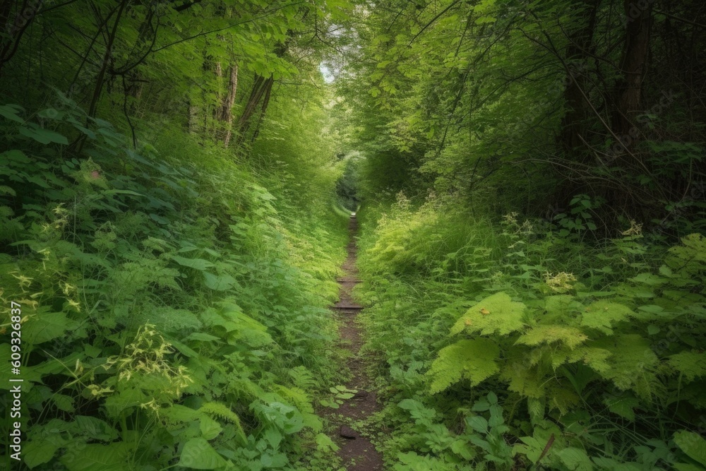 overgrown trail in the forest, with vibrant green flora and fauna ...