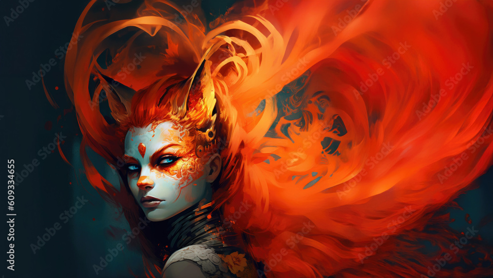 Fierce kasai kitsune female fox with fiery flame red hair and piercing ...