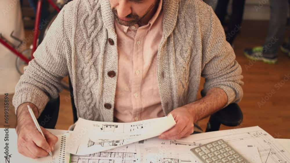 Writing, blueprint and man architect planning building design and ...