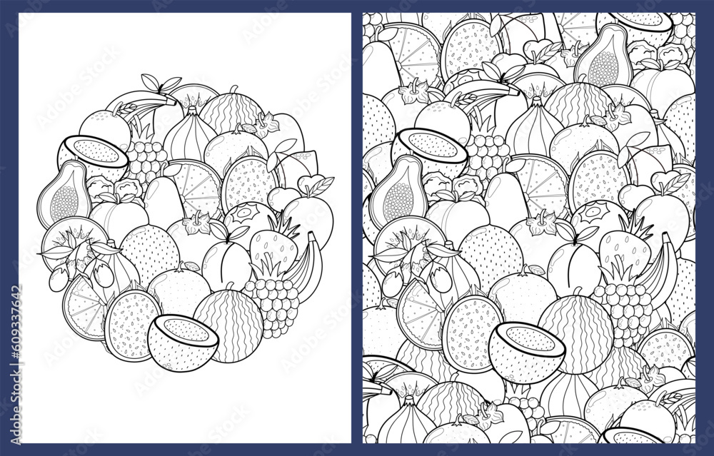 Doodle fruits coloring pages set in US Letter format. Black and white ...