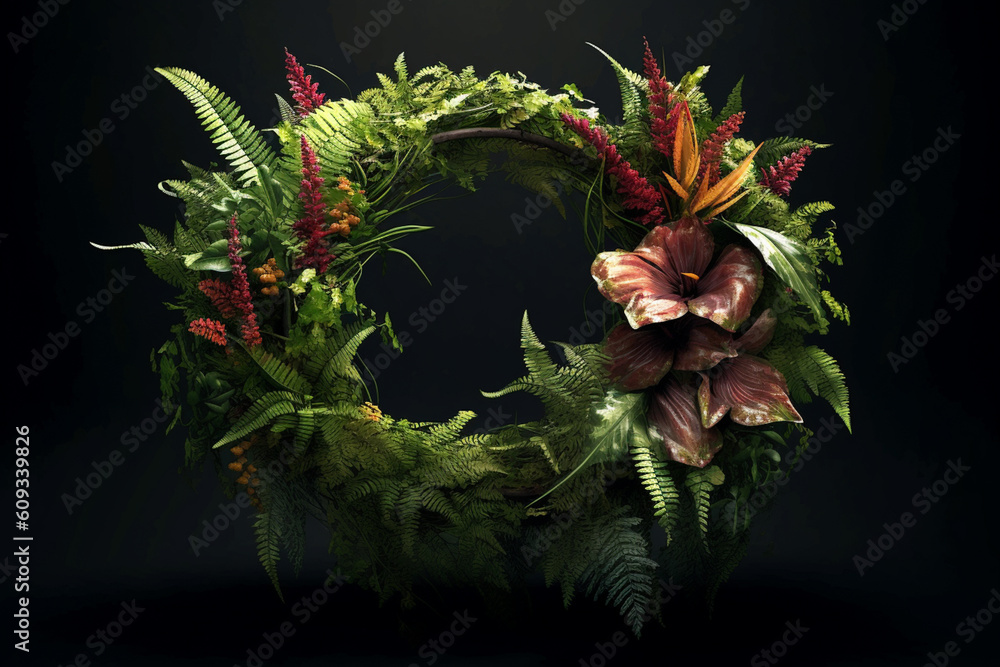 A flower crown adorned with lush greenery, such as ferns and eucalyptus ...