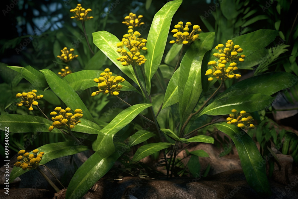 An image capturing the Iboga plant (Tabernanthe iboga), with its dark ...