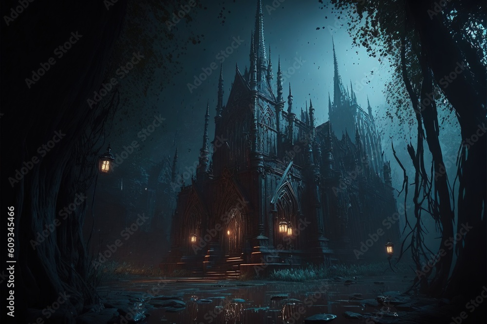 A dark fantasy gothic castle, The kingdom of Orgund in a chaotic, dark and sinister world where ...