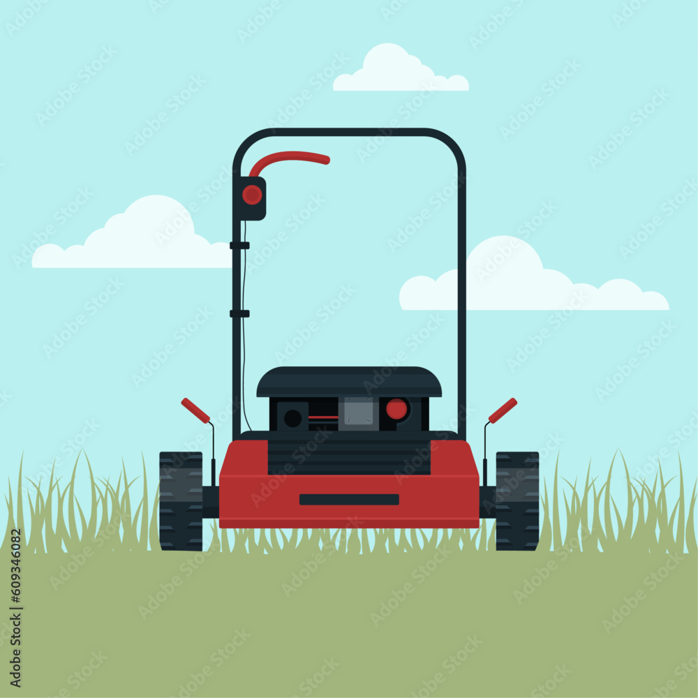 Vector lawn mower on the grass front view against the sky with clouds ...
