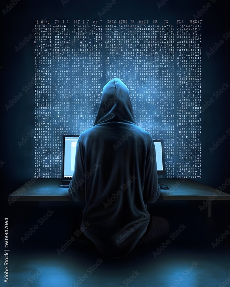 Mysterious Hacker in Cyber Attack Operation, Multiple Computer Screens Glowing, Overhead ...