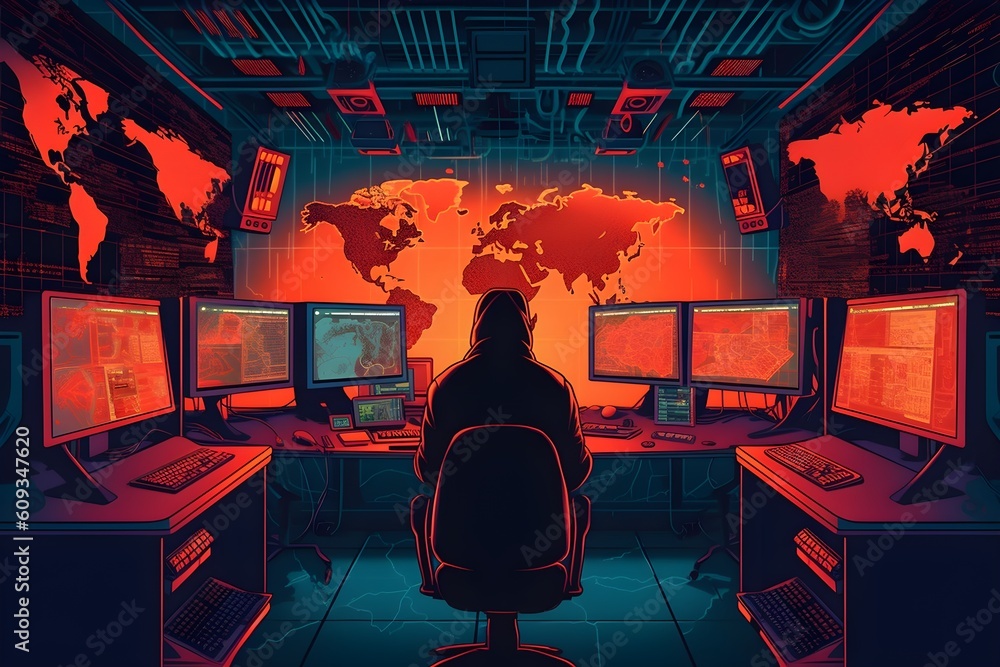 Stylized Illustration, Hooded Figure in High-Tech Room, Global Cyber ...