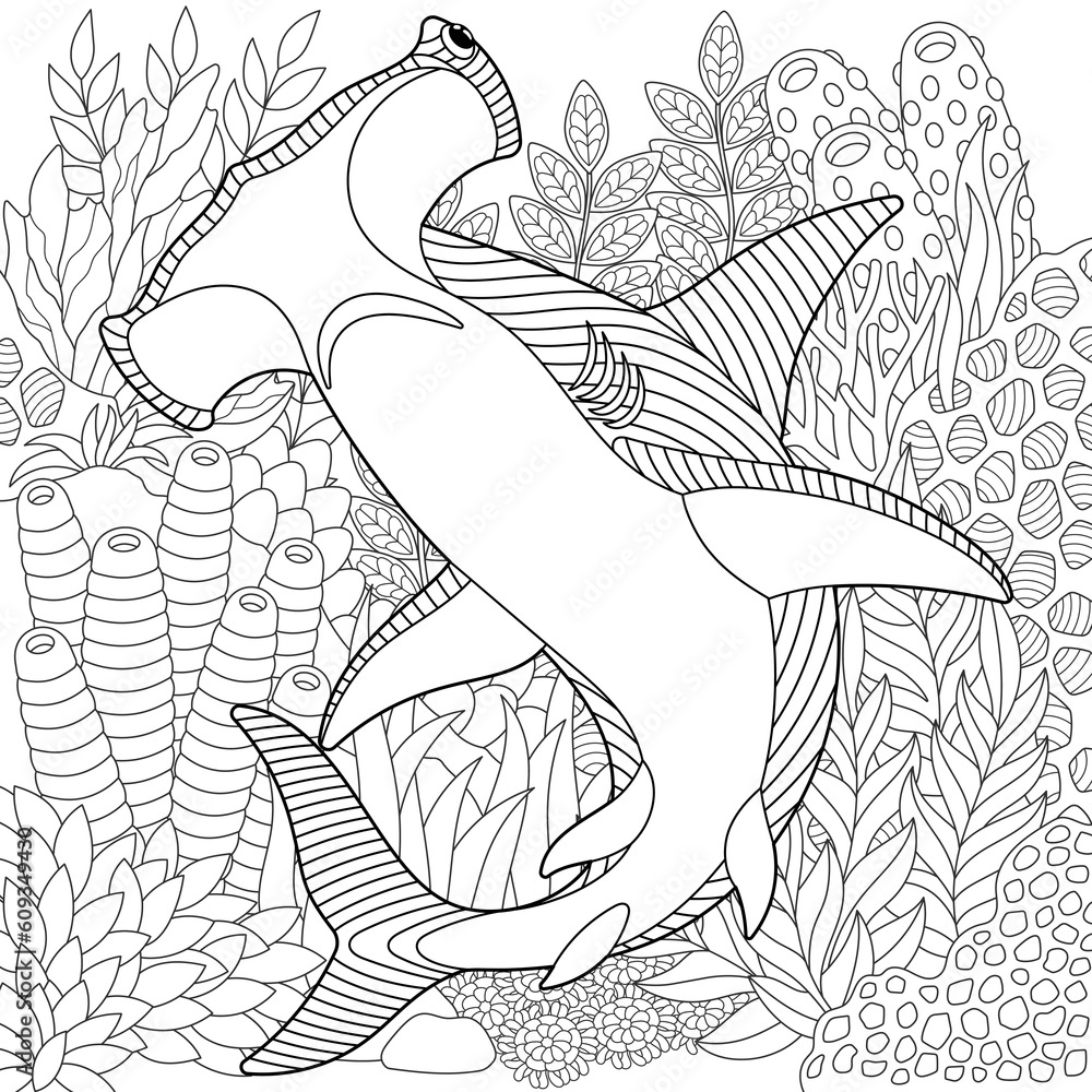 Underwater scene with a hammerhead shark. Adult coloring book page with ...