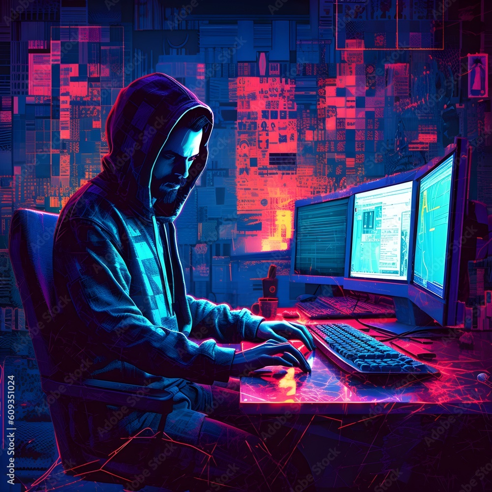 Noir-Style Digital Illustration, Hooded Hacker, Over-the-Shoulder View ...